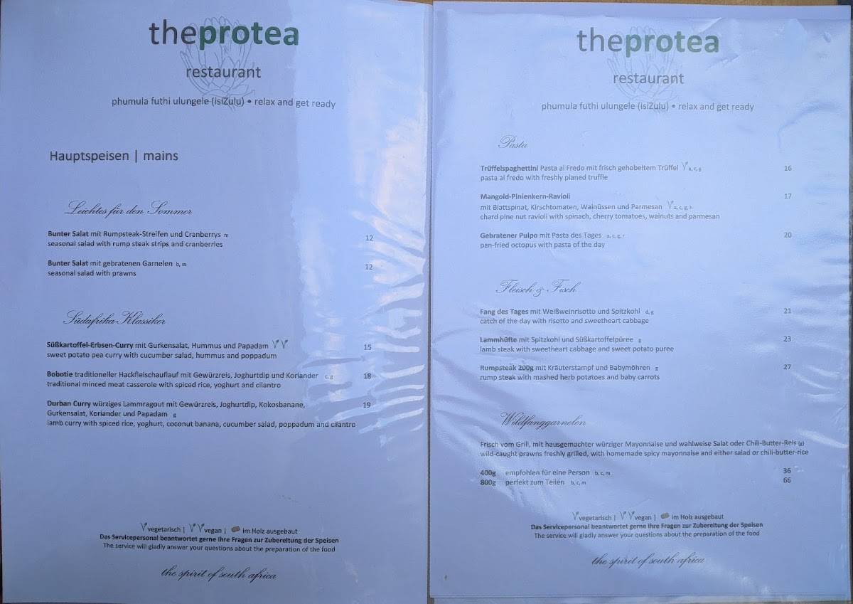 Menu at the protea restaurant, Bonn