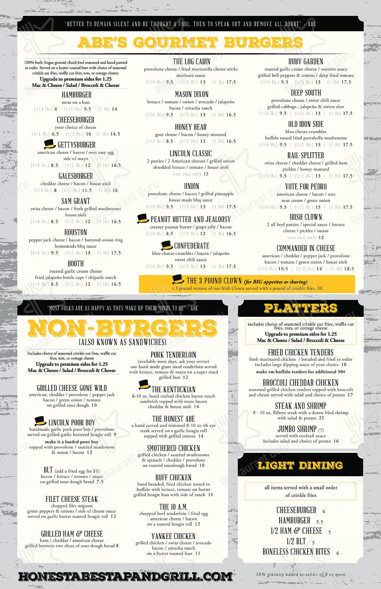 Menu at Honest Abe's Tap & Grill pub & bar, Morris