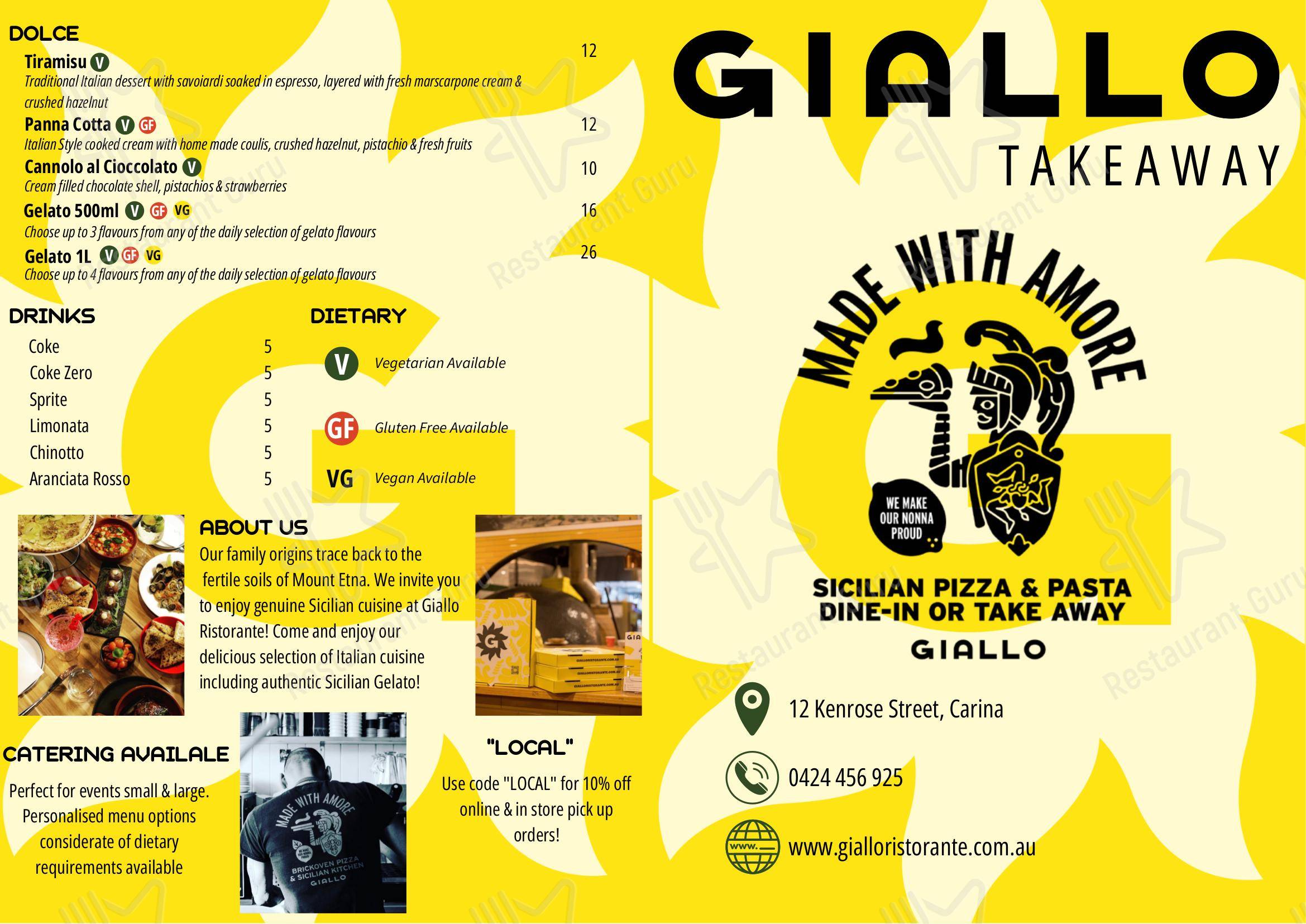 Menu at Giallo Ristorante restaurant, Carina