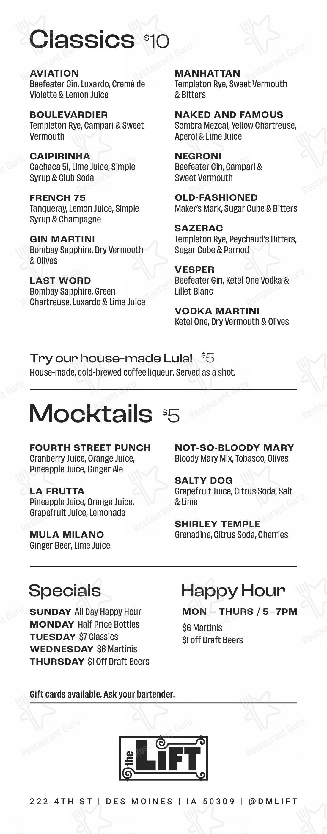 Menu at the LiFT pub & bar, Des Moines