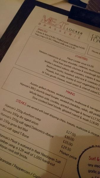 Menu at Deanes Meat Locker restaurant, Belfast