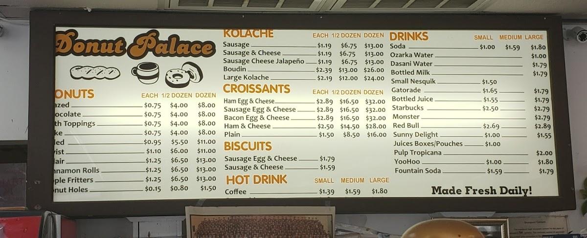 Menu at Donut Palace, Lockhart