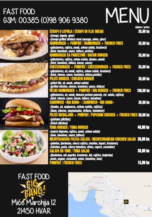 Menu at Fast Food Big Bang, Hvar