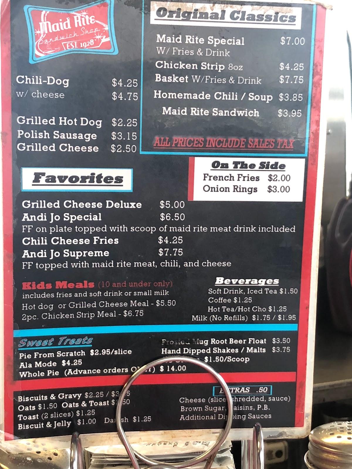 Menu at Maid-Rite restaurant, Christopher