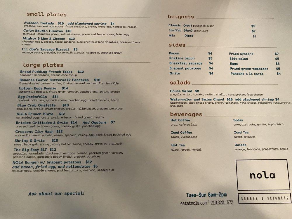 Menu at NOLA Brunch & Beignets desserts, San Antonio
