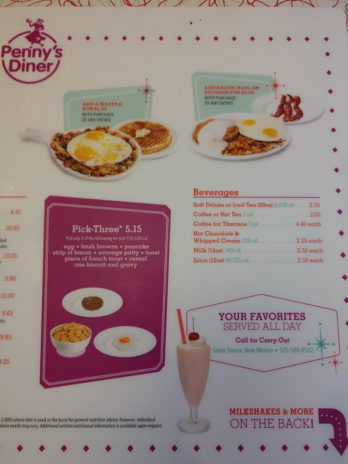 Menu at Penny's Diner restaurant, Santa Teresa