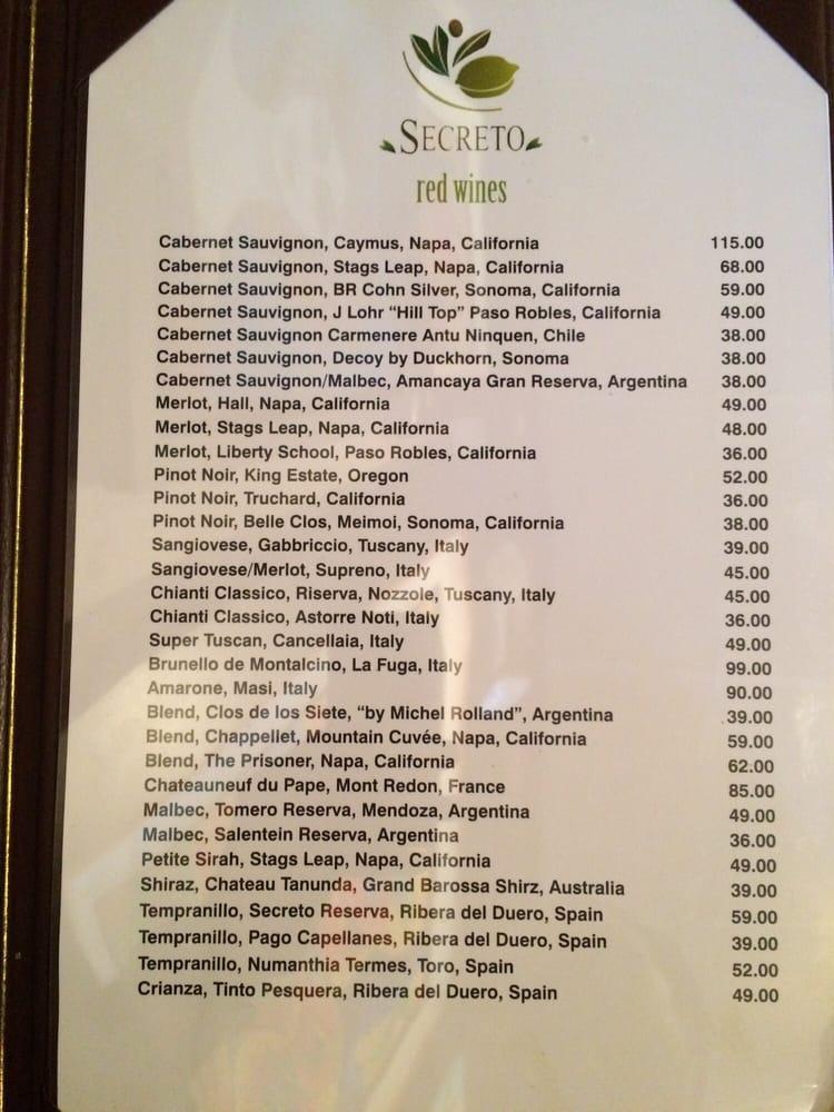Menu at Secreto restaurant, Miami