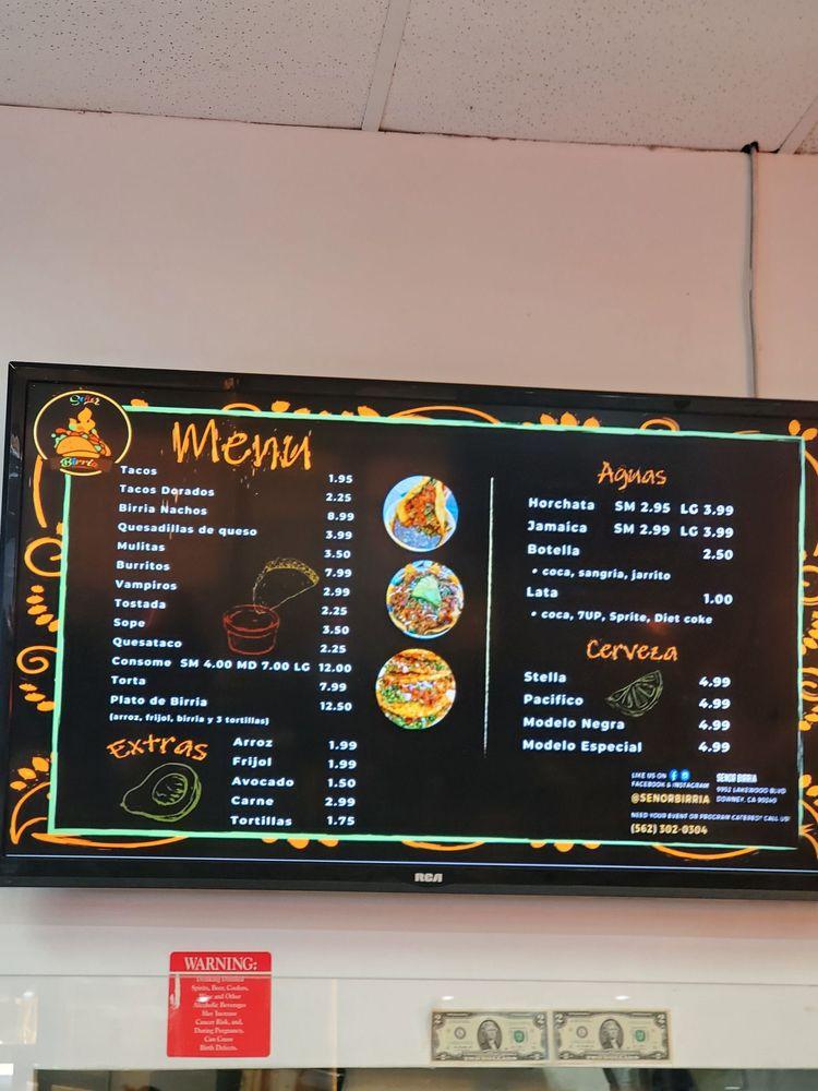 Carta del restaurante Señor Birria, Downey