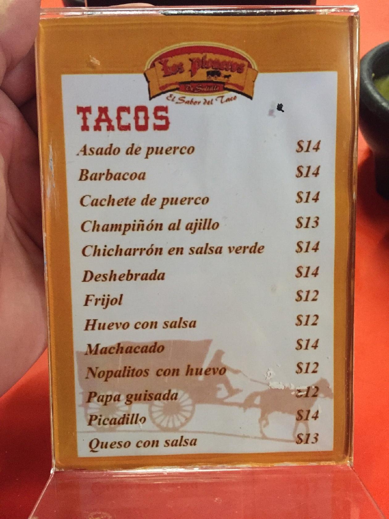 Menu at Tacos Los Pioneros restaurant, Saltillo, Blvd. Moctezuma 2065