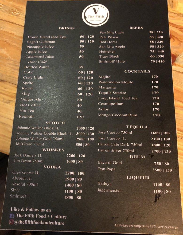 Menu at The Fifth Food + Culture restaurant, Manila