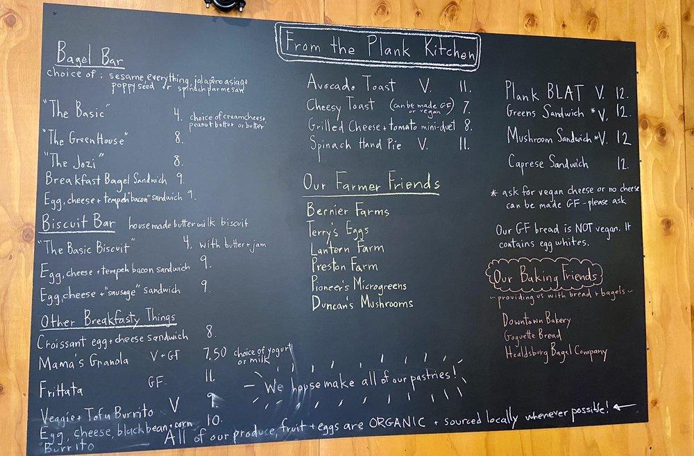 Menu at Plank Coffee Healdsburg cafe, Healdsburg, 175 Dry Creek Rd
