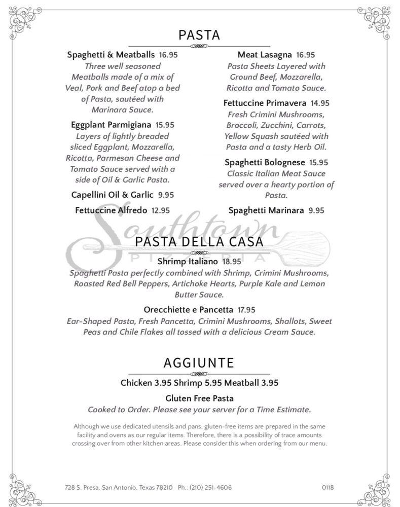 Menu at Southtown Pizzeria, Italian Cuisine, San Antonio, 728 S Presa St