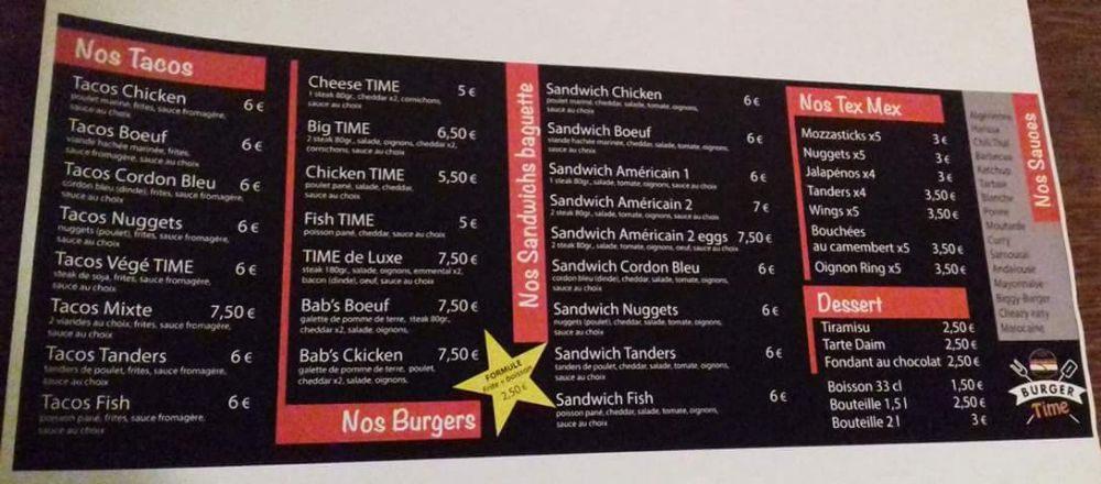 Menu at Burger time fast food, Ferney-Voltaire