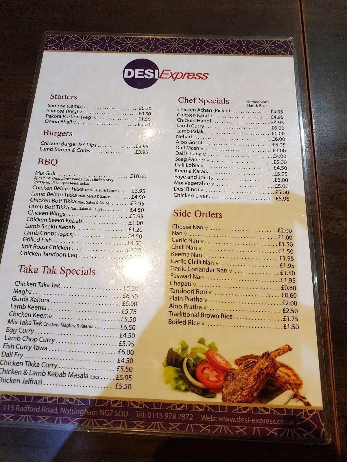 Menu at Desi Express restaurant, Nottingham, 113 Radford Rd