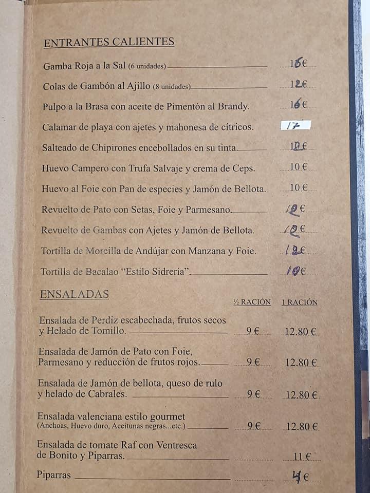 Carta del restaurante El Gourmet del Socarrat, Játiva