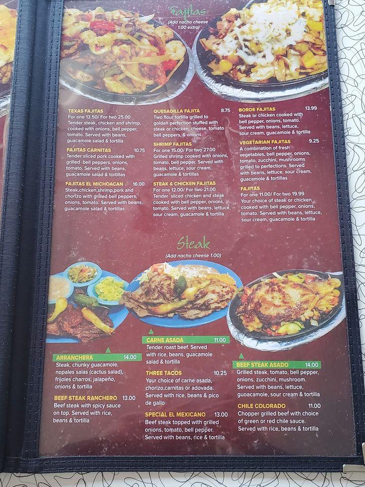 Menu at El Michoacan Mexican restaurant, Gaffney