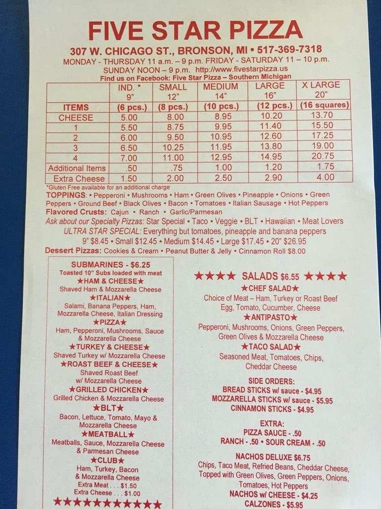 Menu at Five Star Pizza pizzeria, Bronson
