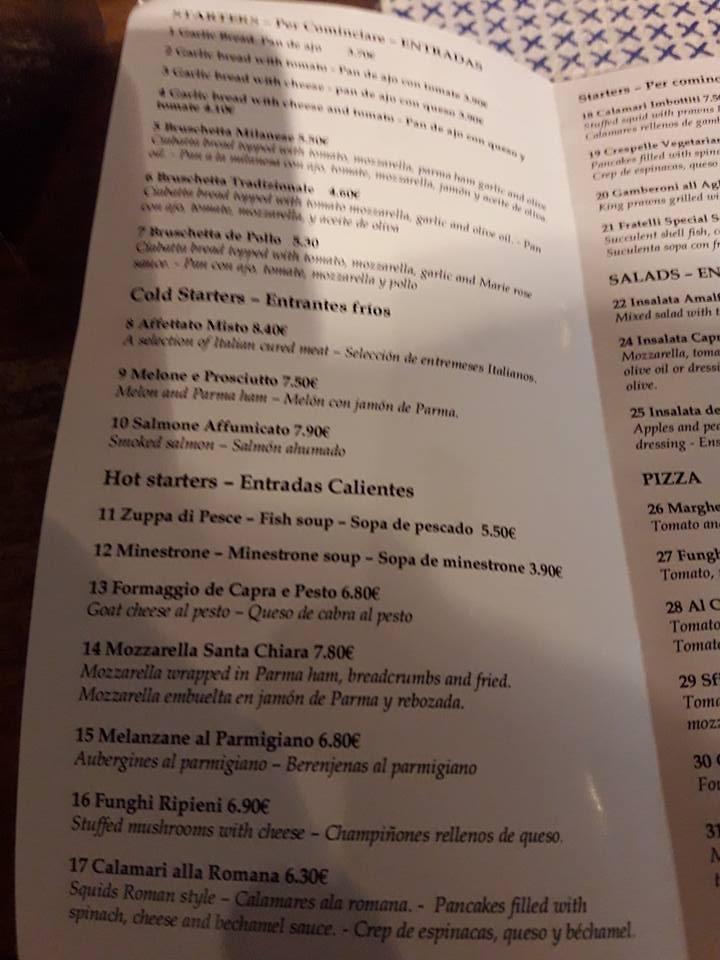 Menu at Fratelli Ristorante Italiano pizzeria, Benijófar