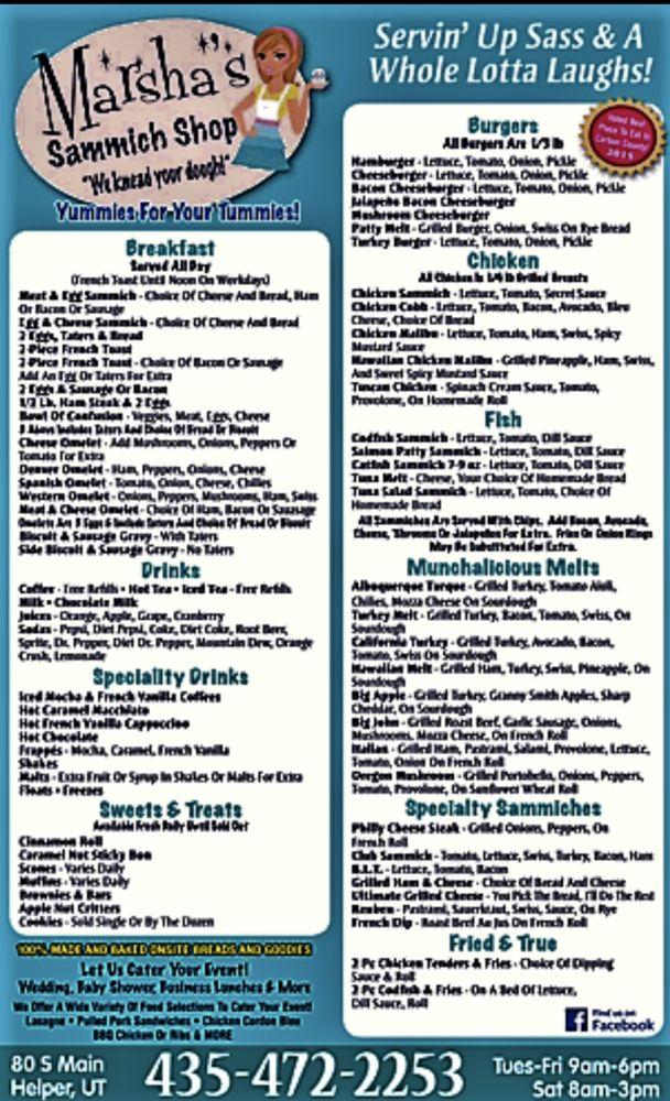 Menu at Marsha's Home Bakin' & Sammich Shop cafe, Helper