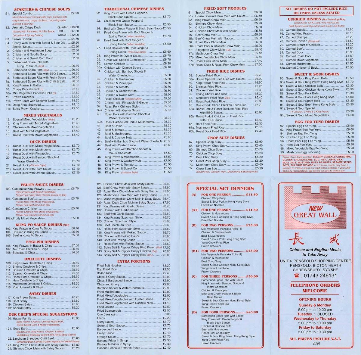 Menu at New Great Wall fast food, Shrewsbury