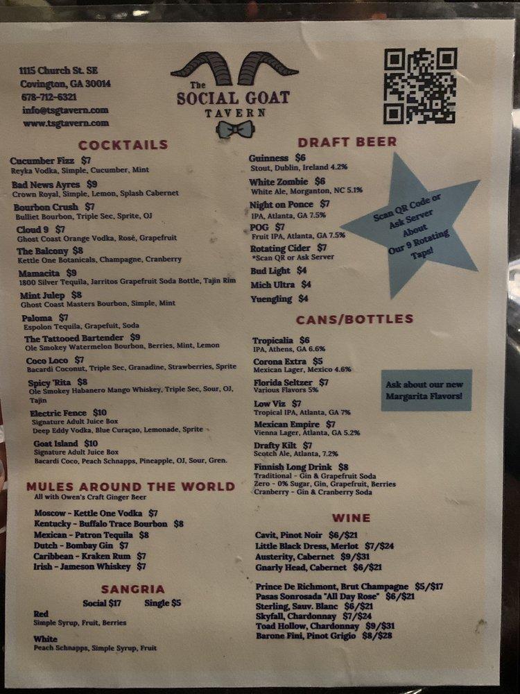 Menu at The Social Goat Tavern pub & bar, Covington