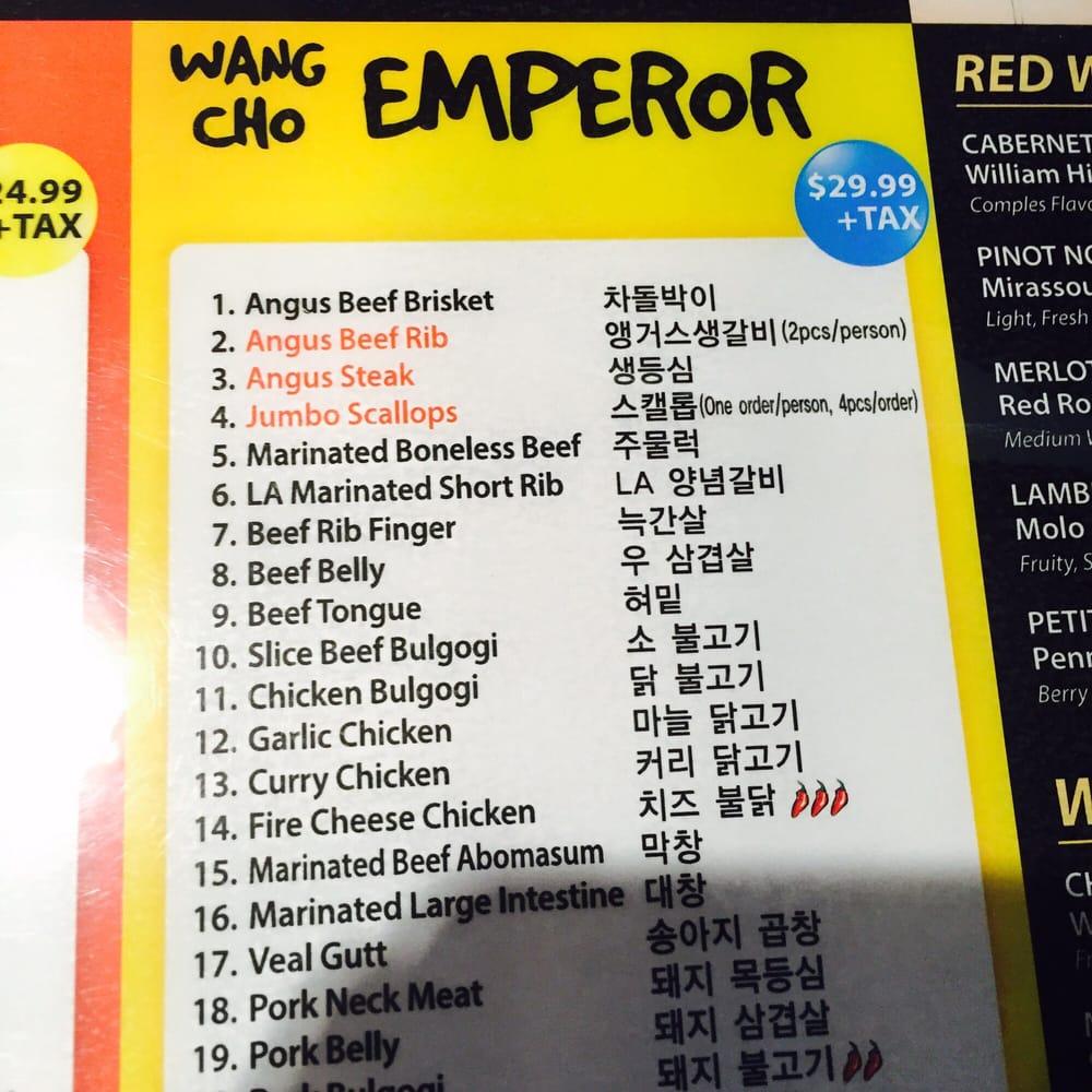Menu at Wang Cho Korean BBQ, Riverside