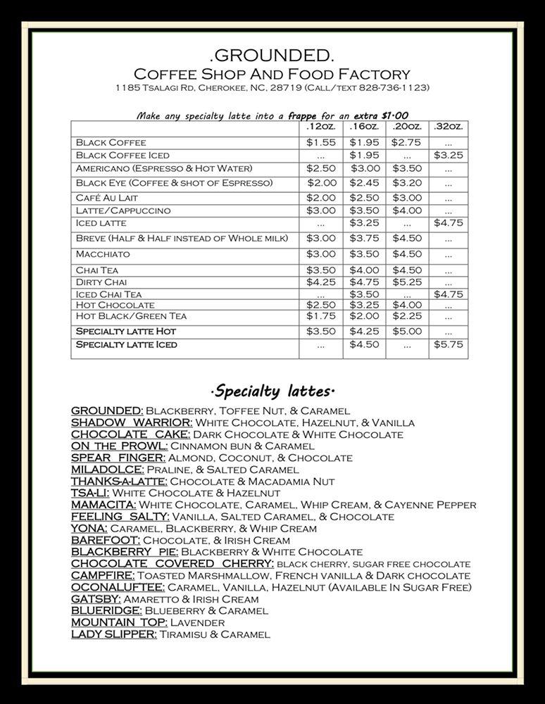 Menu at Grounded. Coffee Shop & Food Factory cafe, Cherokee