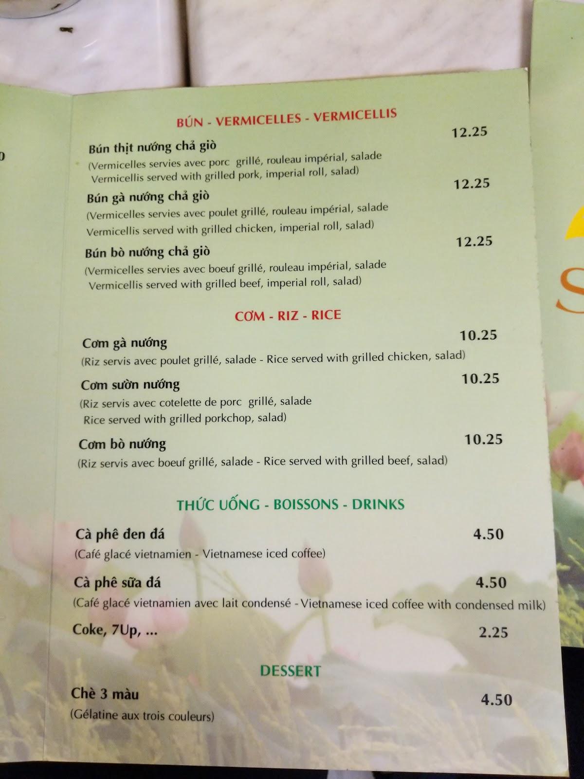 Menu at Sen Vàng Restaurant, Montréal