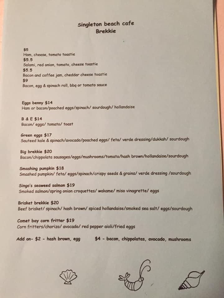 Menu at Singleton Beach Cafe, Singleton