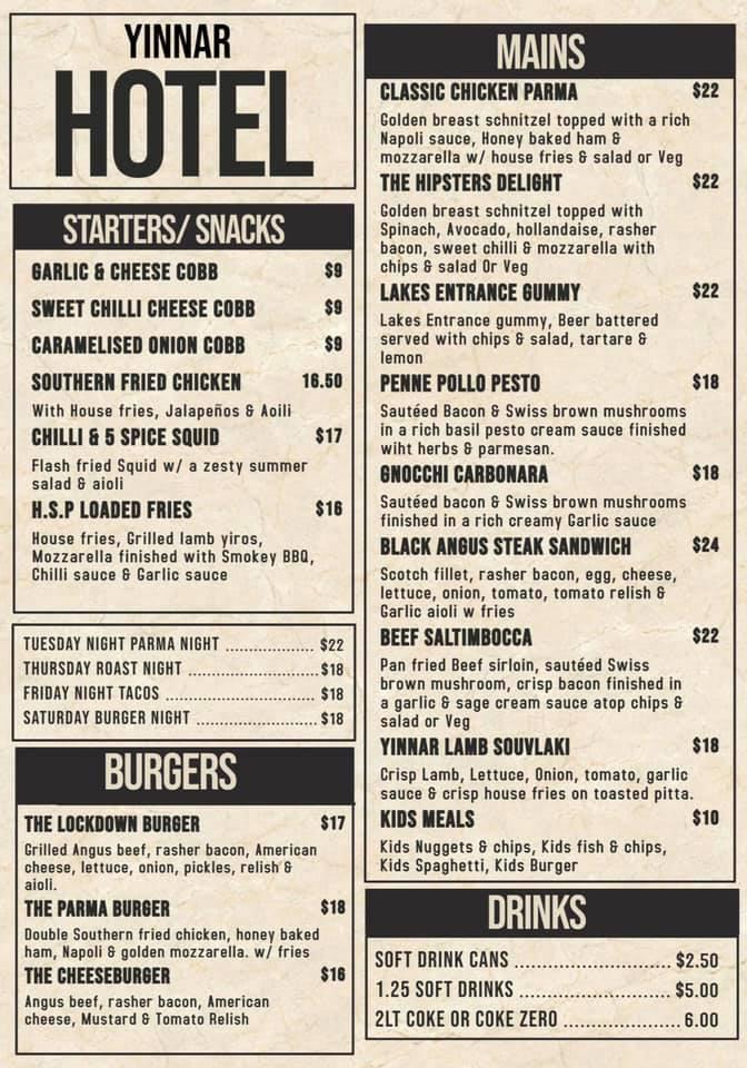 Menu at Yinnar Hotel pub & bar, Yinnar