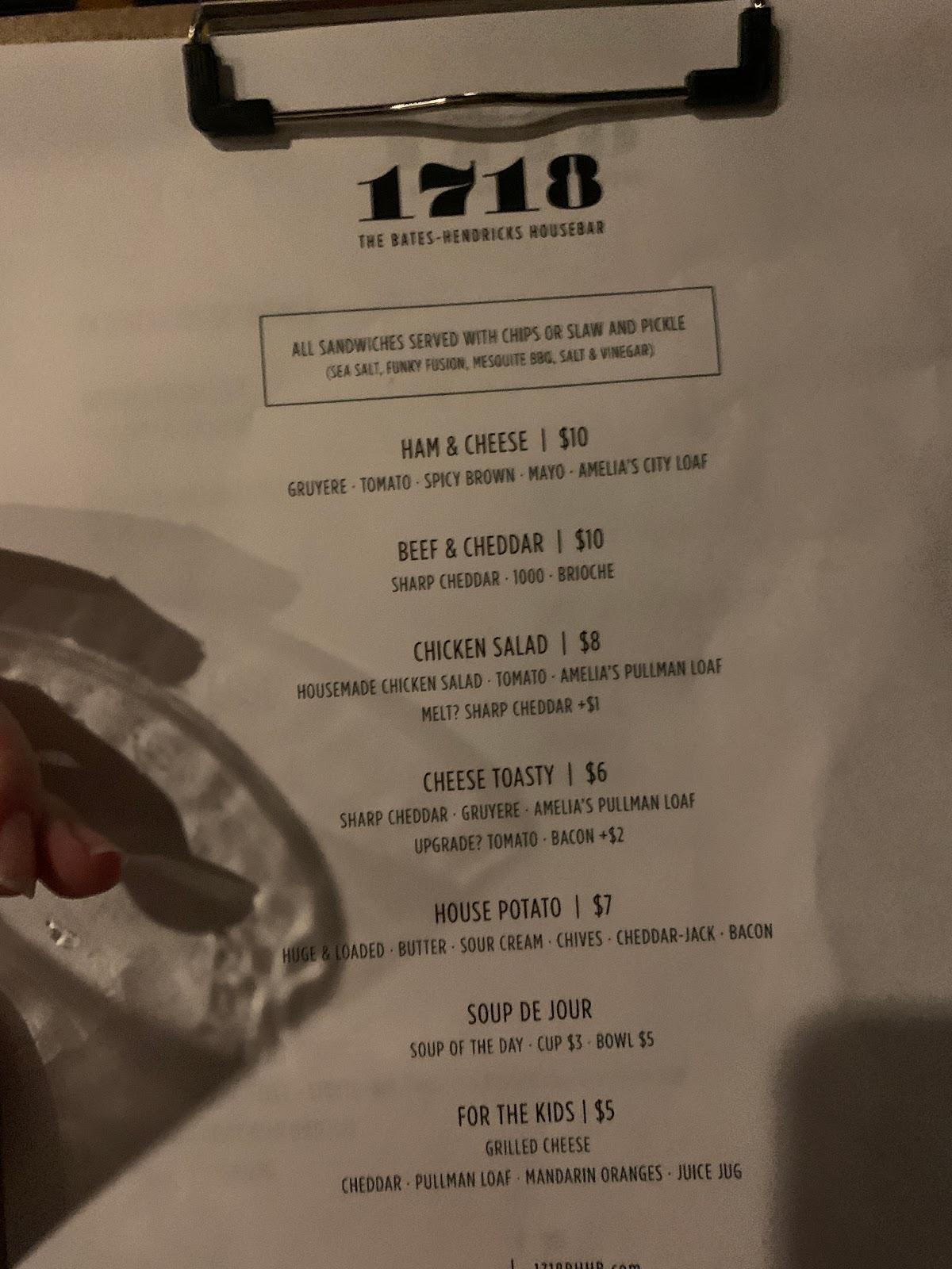 Menu at 1718 House Bar, Indianapolis