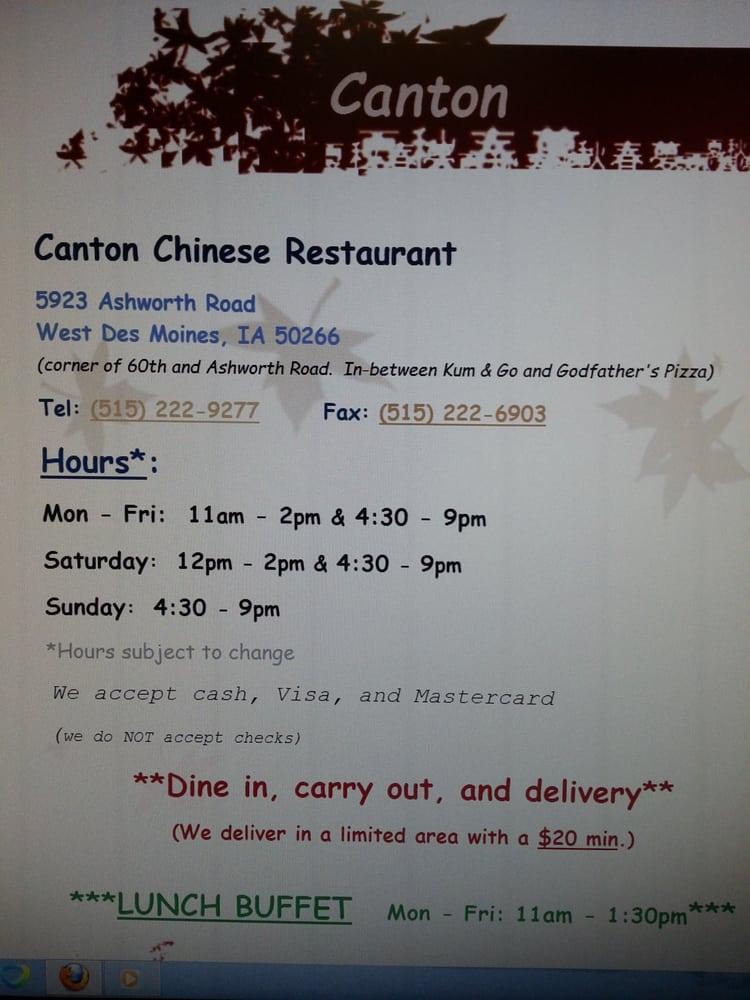 Menu at Canton Chinese Cuisine restaurant, West Des Moines