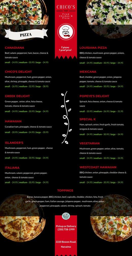 Menu at Chico's Fried Chicken N Pizza pizzeria, Nanaimo
