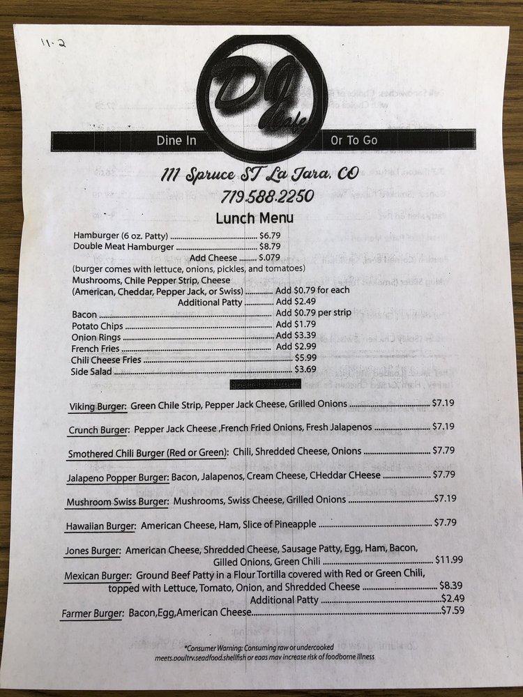 Menu at DJ' Cafe, La Jara