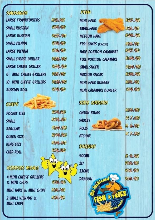 Menu at Fish and Fries Showgate restaurant, Bloemfontein
