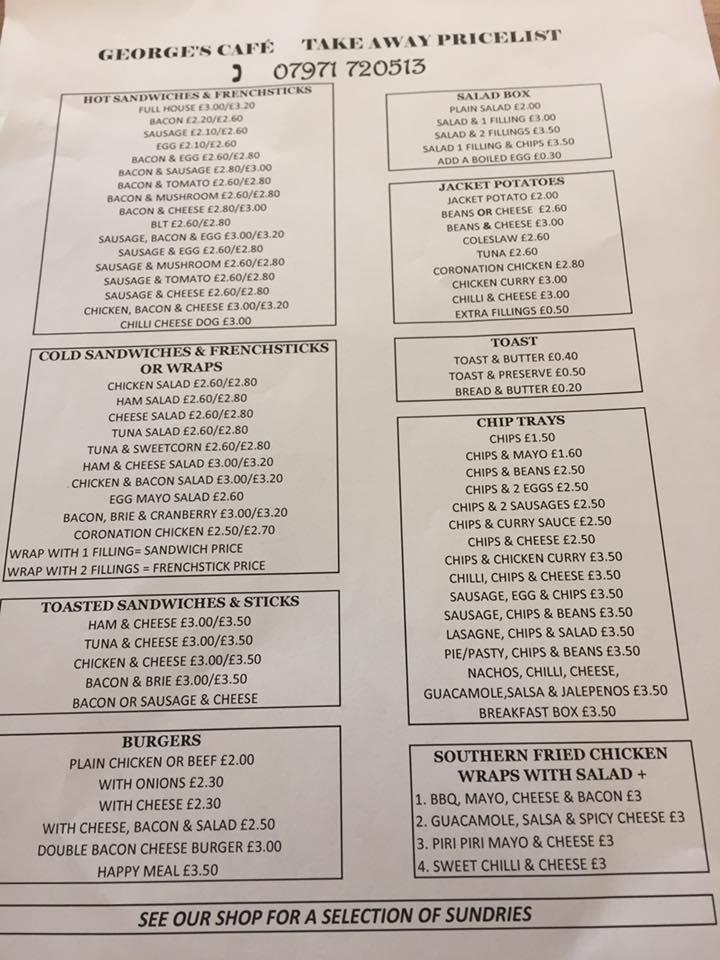 Menu at George's Cafe, Bidford-on-Avon