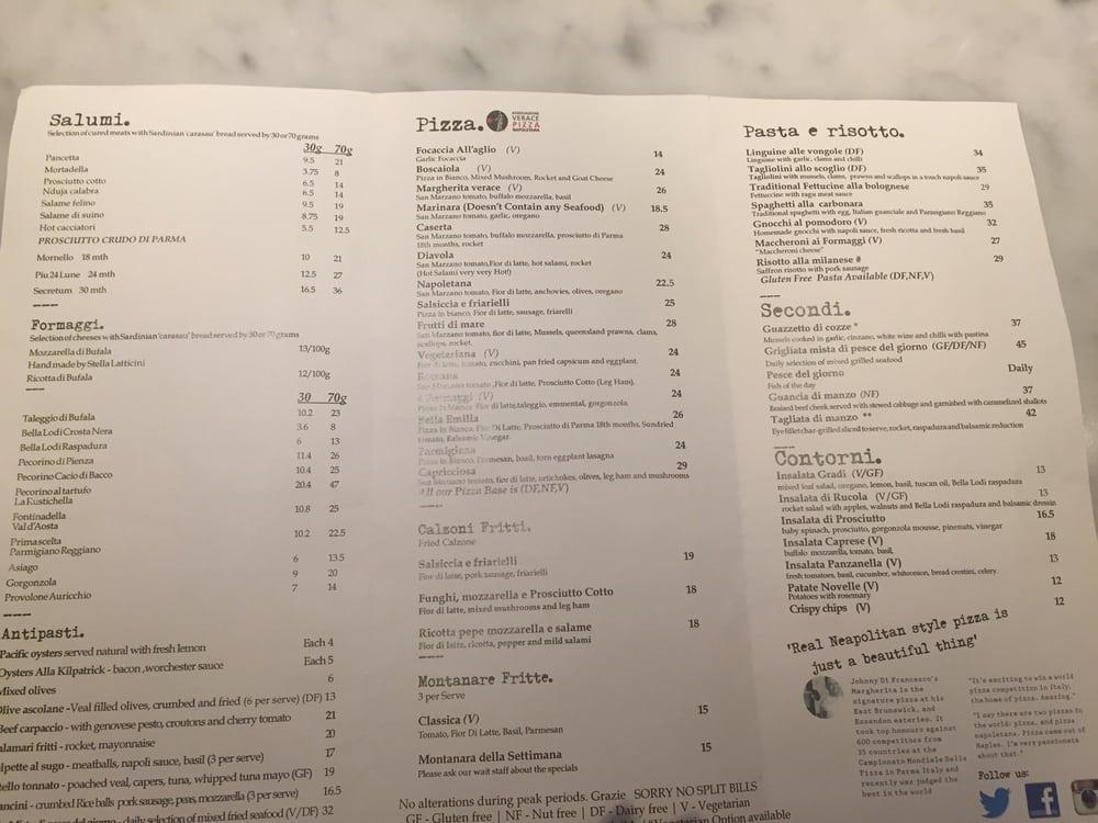 Menu at Gradi at Crown Melbourne pizzeria, Southbank, 8 Whiteman St