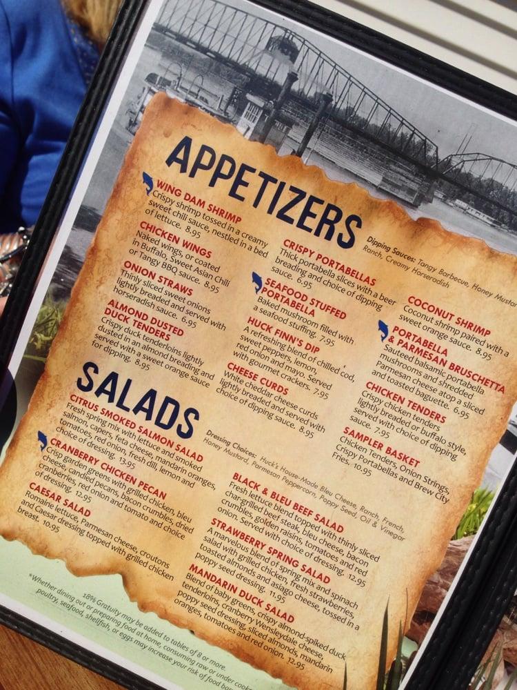 Menu at Huck Finn's On the Water restaurant, La Crosse