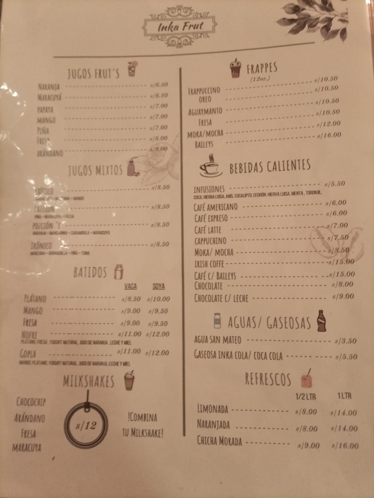 Menu at Inka Frut restaurant, Huaraz