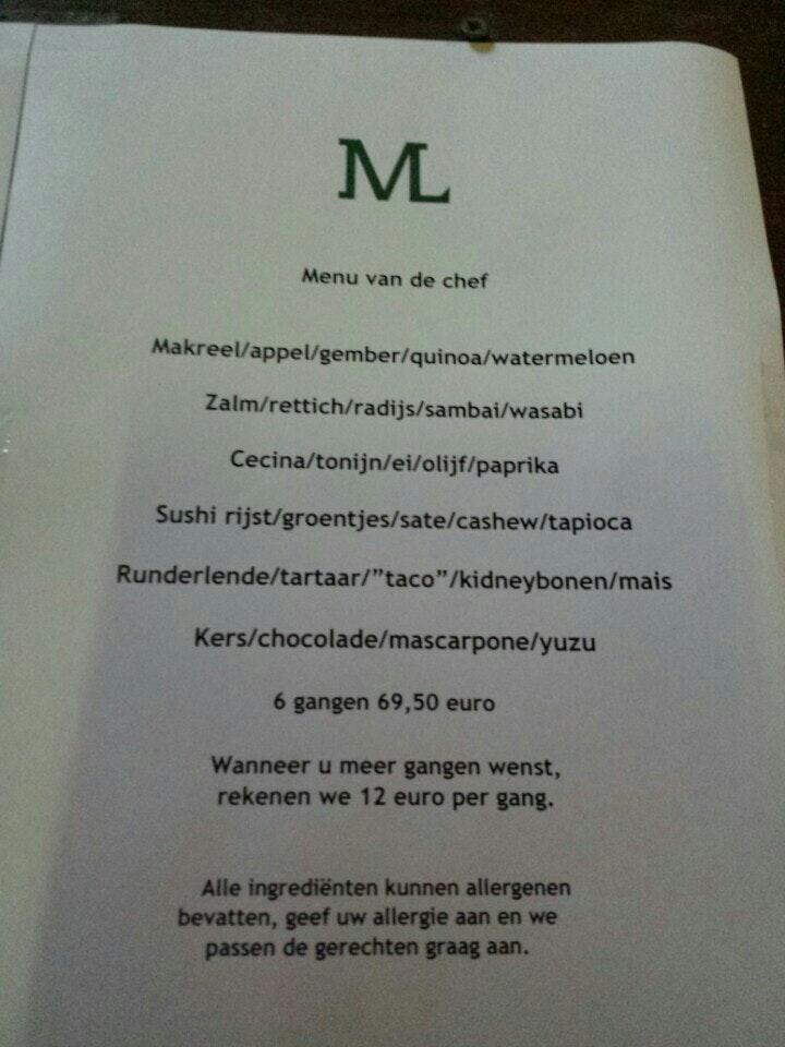 Speisekarte von Restaurant ML, Haarlem