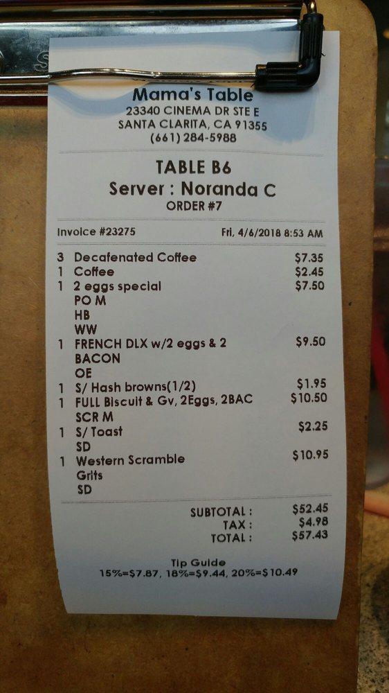 Menu at Mama's Table restaurant, Santa Clarita
