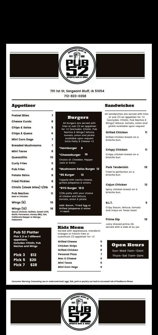 Menu at Pub 52, Sergeant Bluff