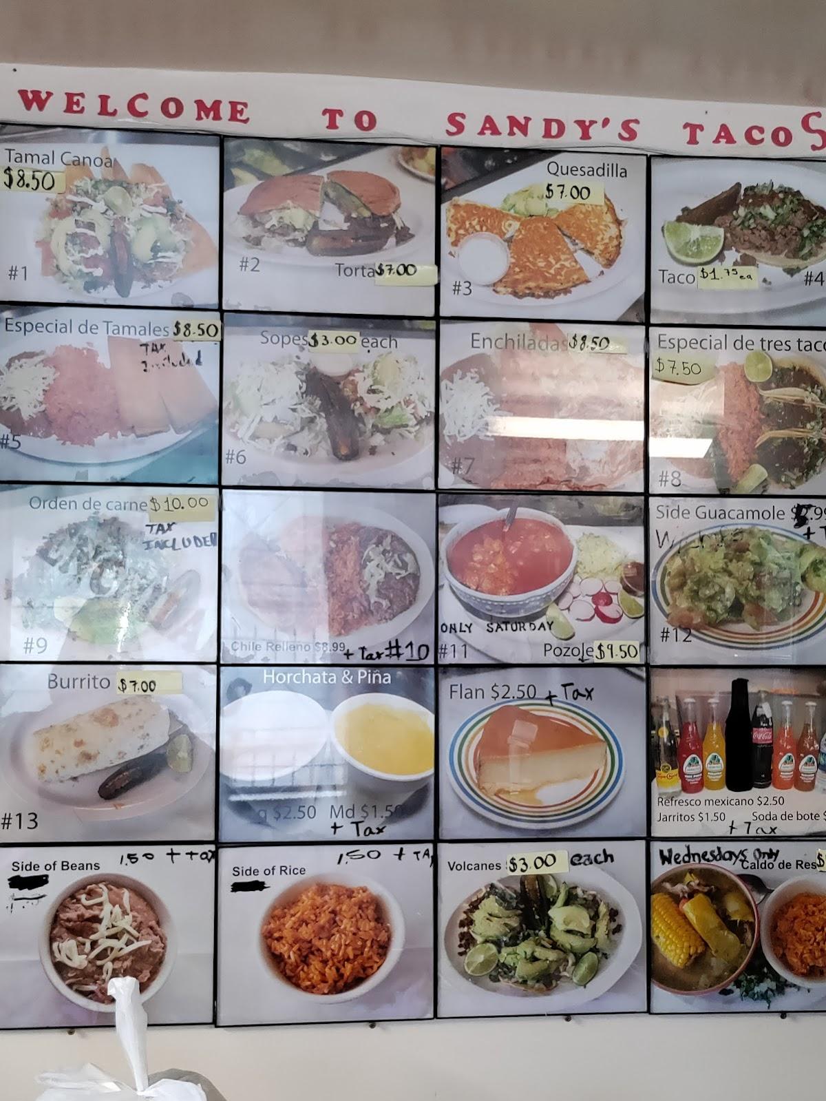 Menu at Sandy’s Tacos restaurant, Enid