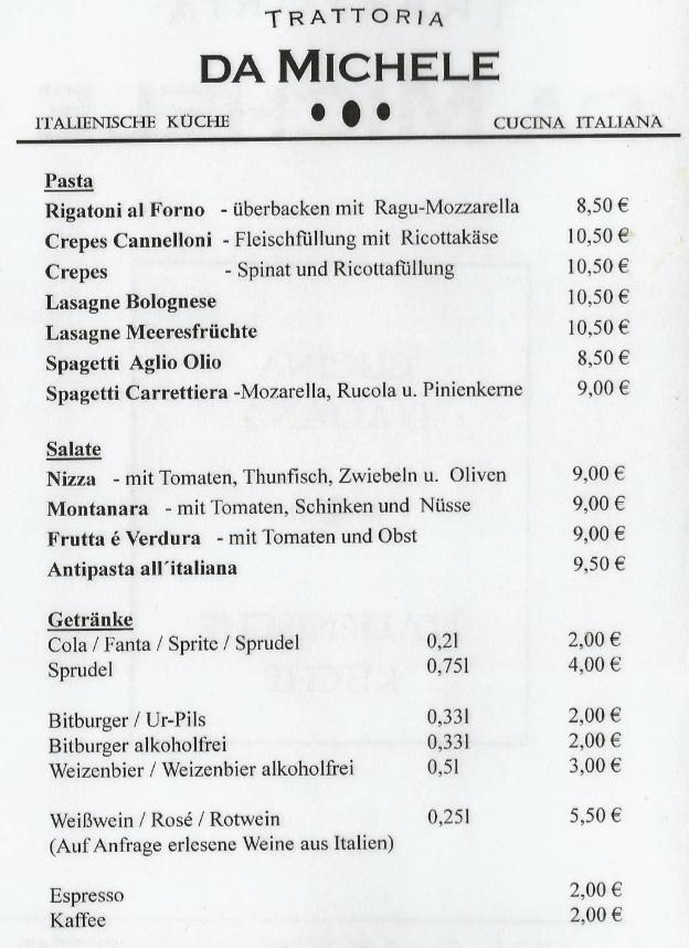 Menu au Trattoria Da Michele Restaurant Pizzeria, Vaudrevange