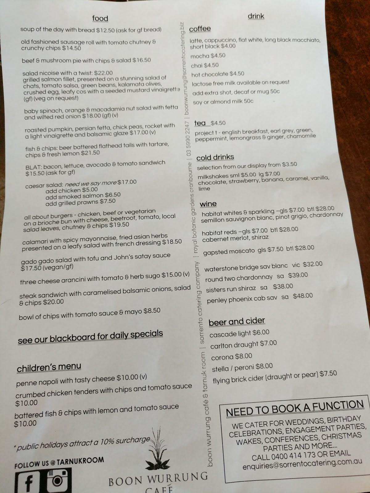 Menu at Boon Wurrung Cafe, Cranbourne