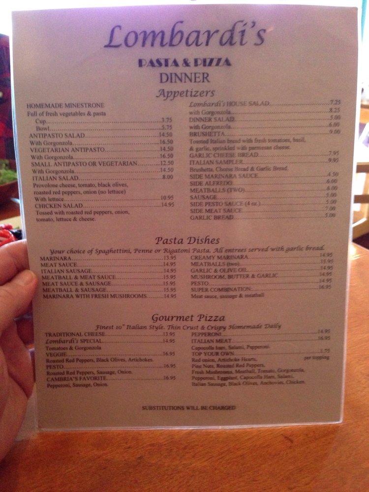 Menu at Lombardi's Pasta Familia, Cambria