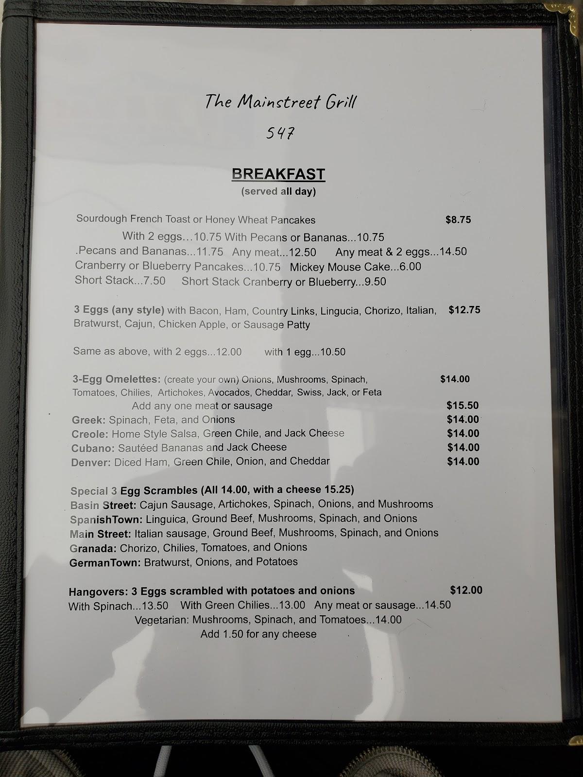 Menu at Main Street Grill restaurant, Half Moon Bay