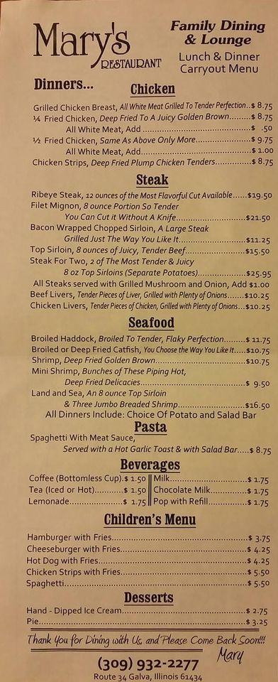 Menu at Mary's Family Dining and Lounge restaurant, Galva