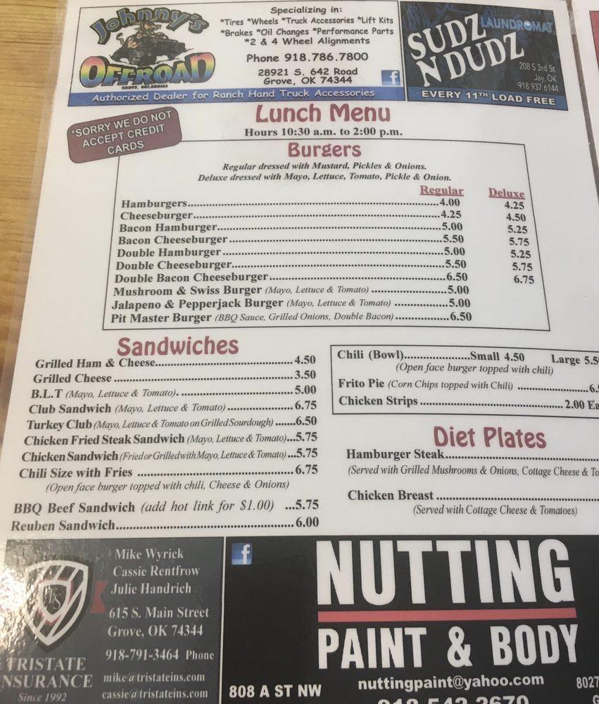 Menu at Pit Stop Cafe, Grove