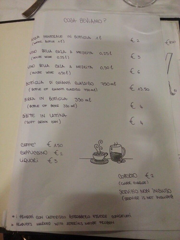 Menu at Trattoria Marione restaurant, Florence